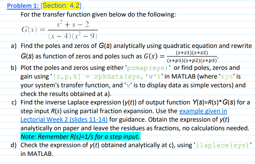 Solved Problem 1: [Section: 4.2] For the transfer function | Chegg.com