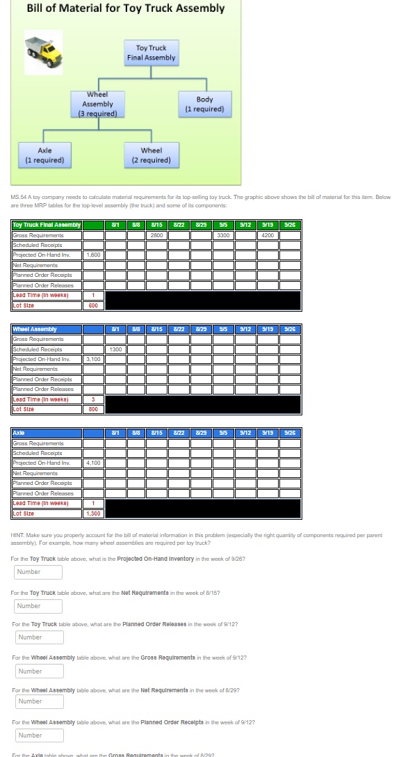Solved Bill of Material for Toy Truck Assembly MS.54 A try | Chegg.com