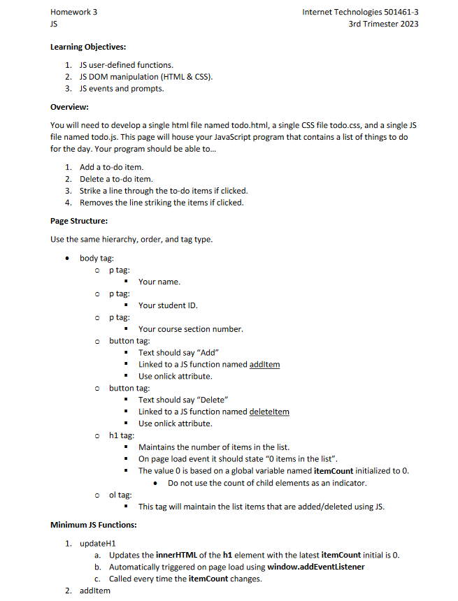 Solved Homework 3 Internet Technologies 501461-3 JS 3rd | Chegg.com