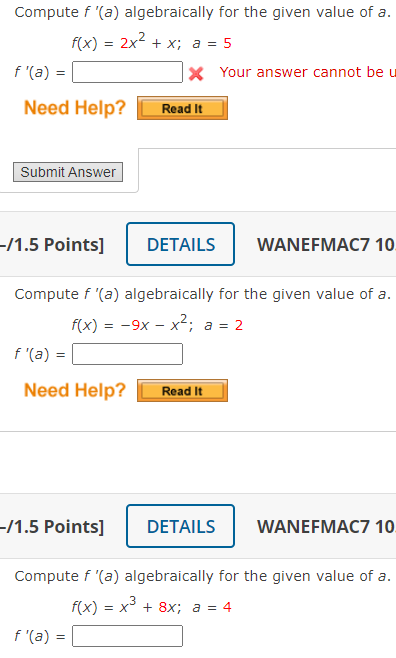 Solved Compute f′(a) algebraically for the given value of a. | Chegg.com
