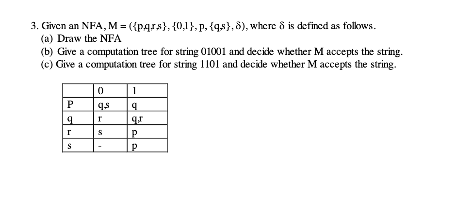 Solved 3. Given an NFA, M=({p,q,r,s},{0,1},p,{q,s},δ), where | Chegg.com