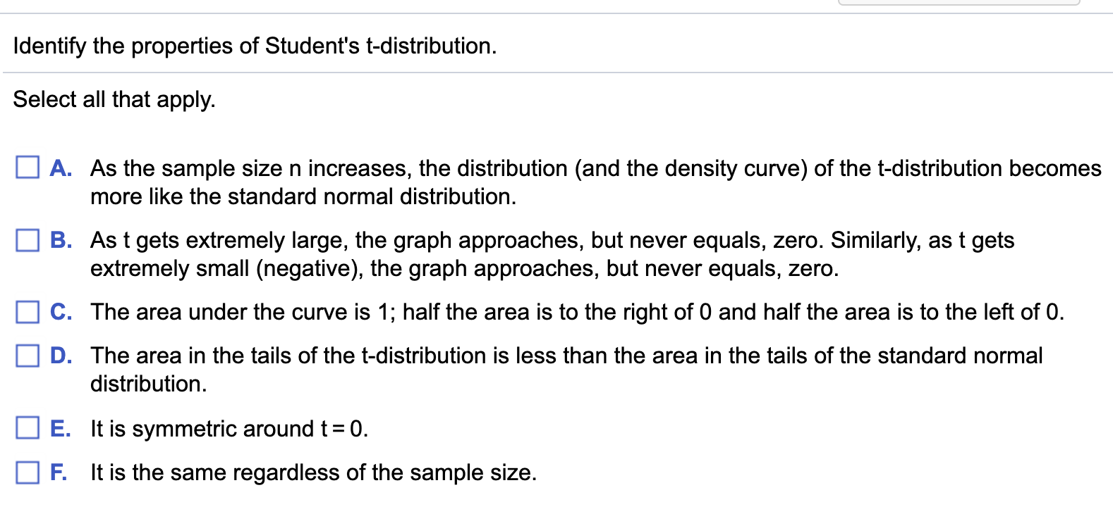 Solved Identify the properties of Student's t-distribution. | Chegg.com