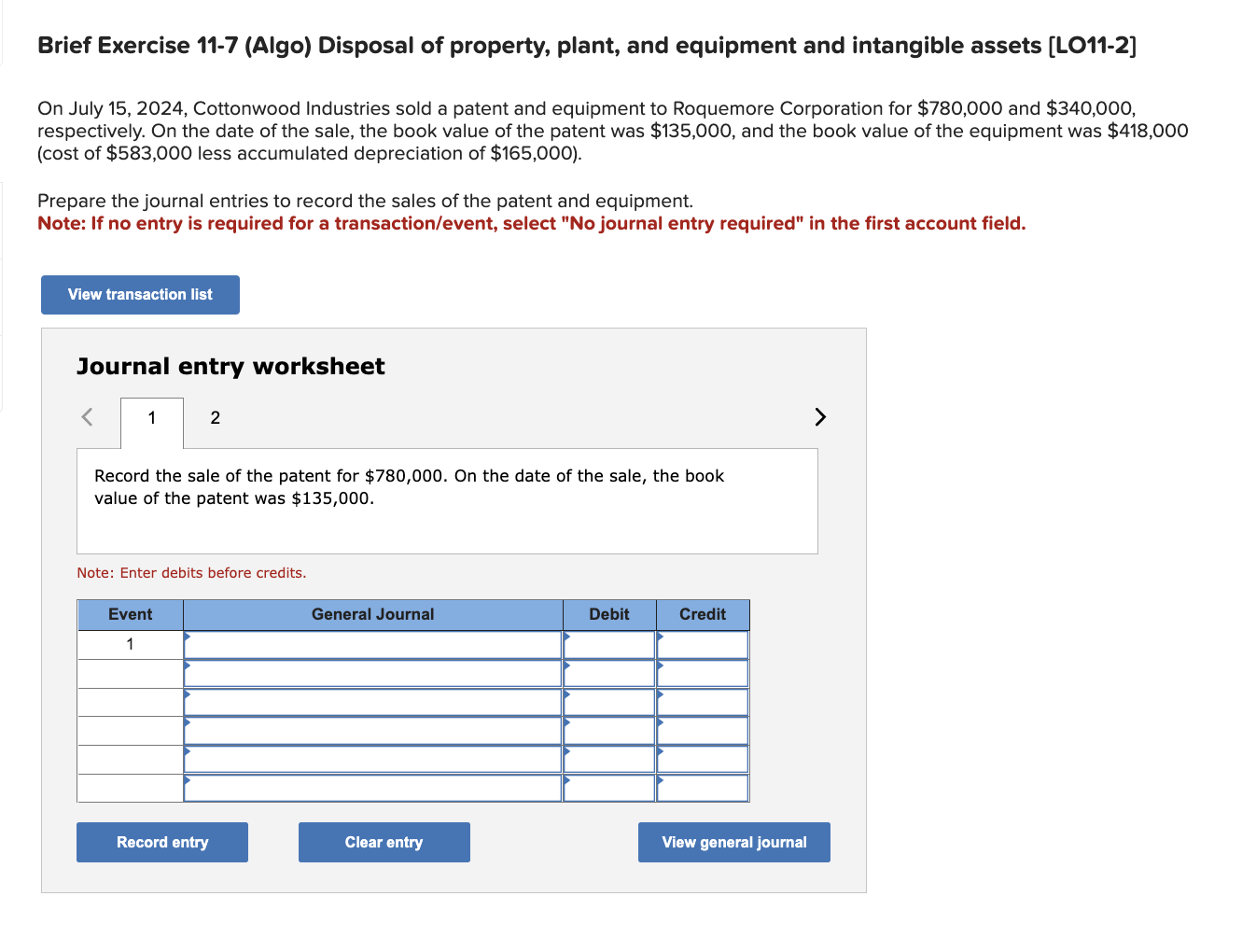 Solved Brief Exercise 11-7 (Algo) Disposal of property, | Chegg.com