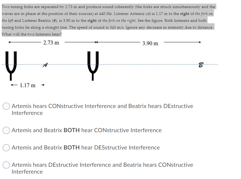 Solved Two tuning forks are separated by 2.73 m and produce | Chegg.com