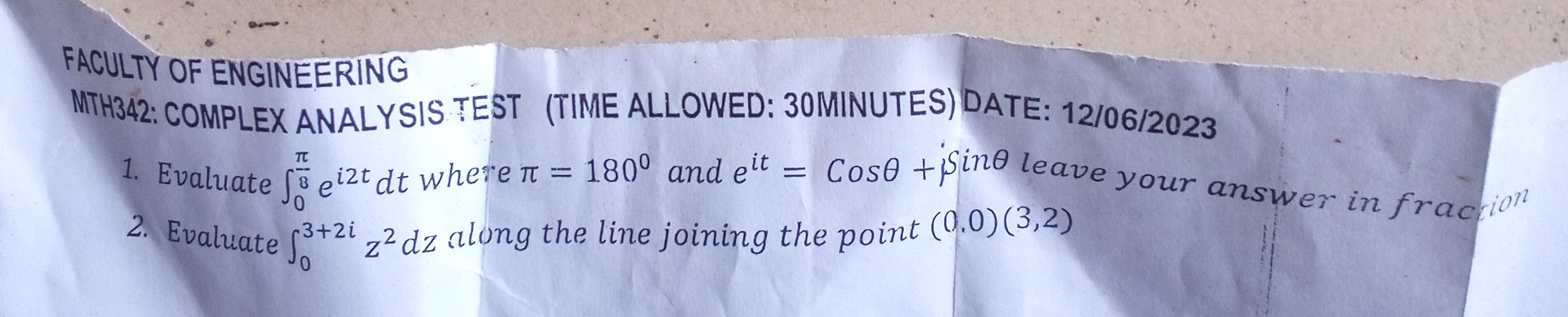 Solved Faculty Of Engineering Mth342 Complex Analysis Test
