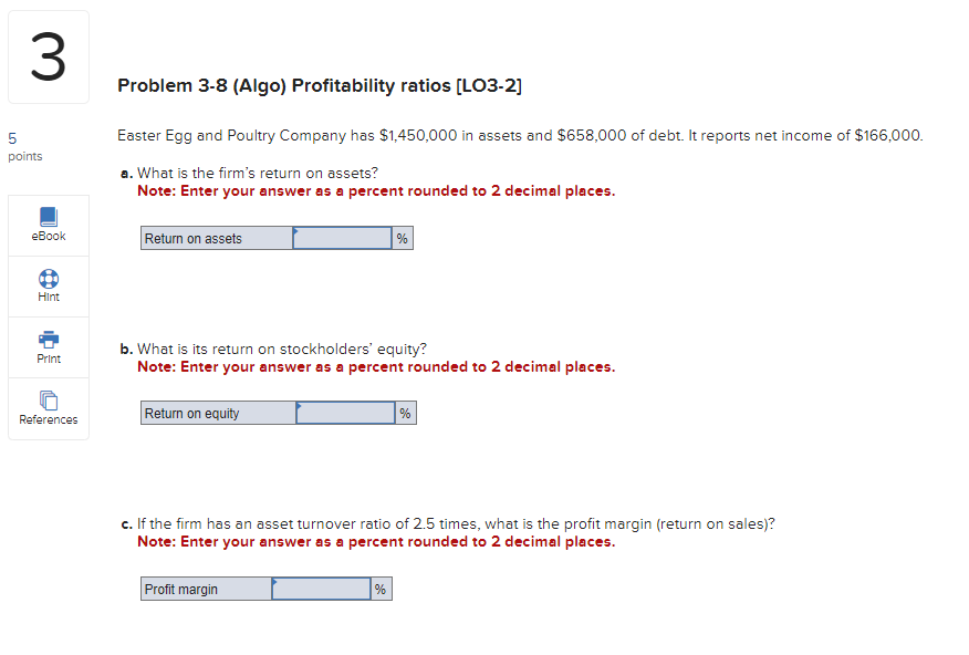 Solved Problem 3-8 (Algo) ﻿Profitability ratios | Chegg.com