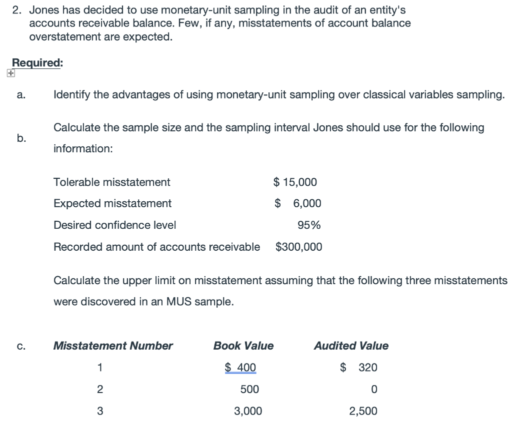 Solved 2. Jones has decided to use monetary-unit sampling in | Chegg.com