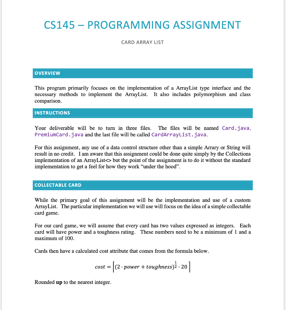 Solved CS145 – PROGRAMMING ASSIGNMENT CARD ARRAY LIST | Chegg.com