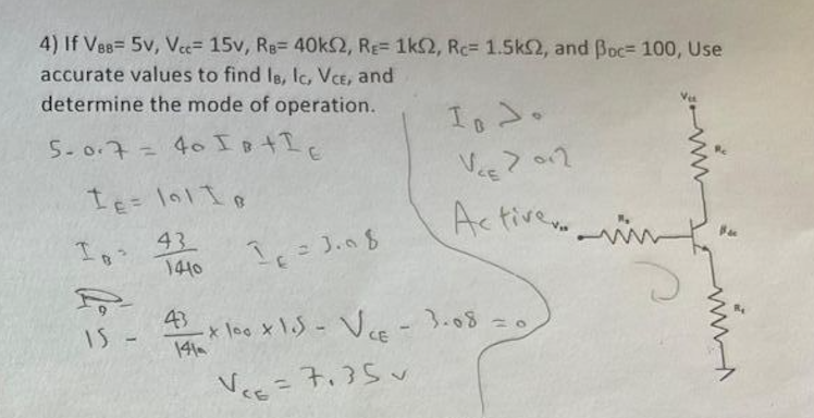 Solved If VBB=5v,VCc=15v,RB=40kΩ,RE=1kΩ,RC=1.5kΩ, ﻿and | Chegg.com