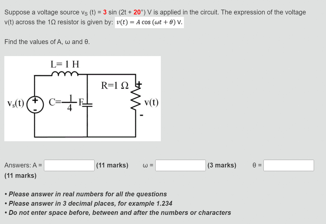 Solved Suppose a voltage source vS(t)=3sin(2t+20∘)V is | Chegg.com