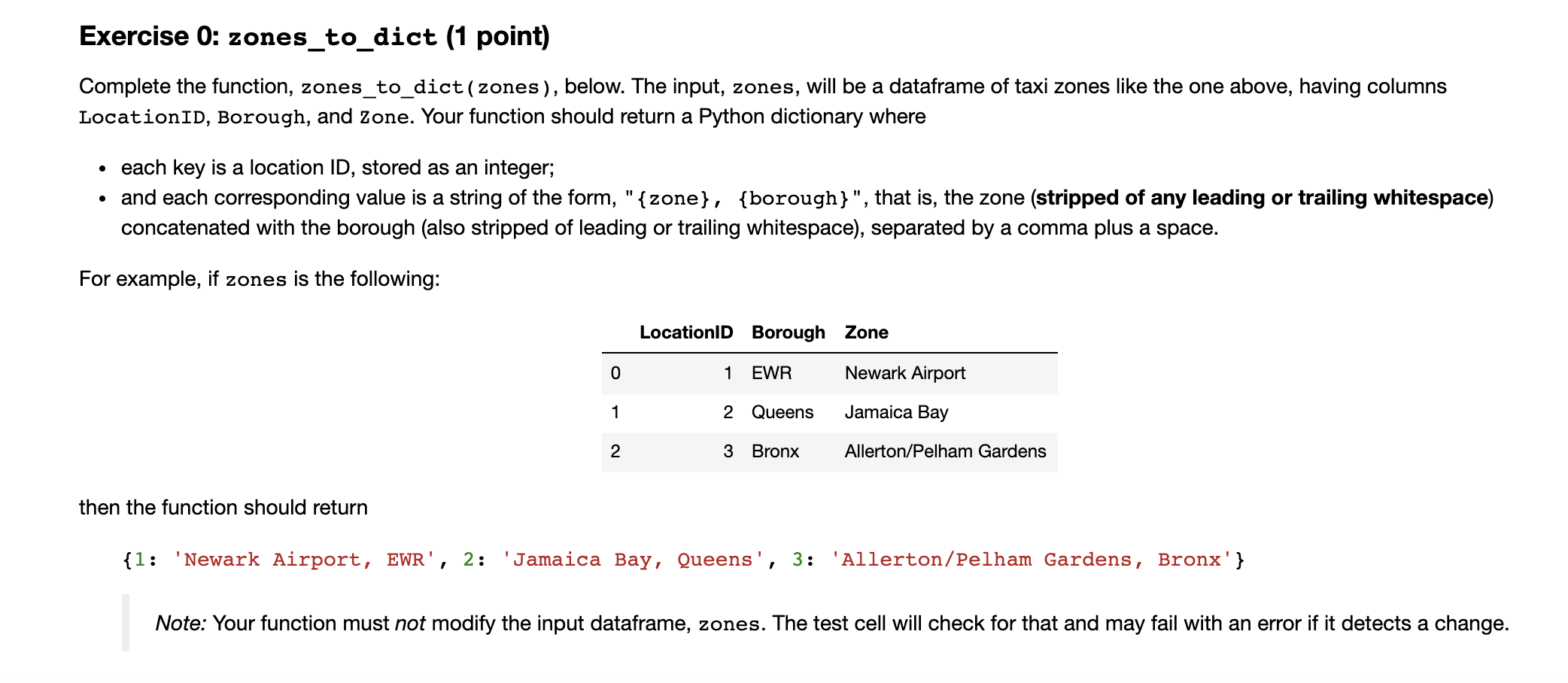 Solved Exercise 0: zones_to_dict (1 point) Complete the | Chegg.com