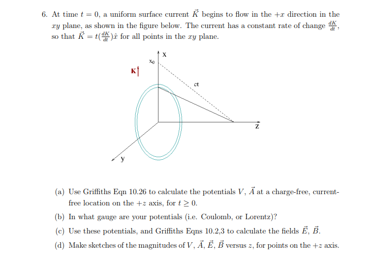 6. At time t = 0, a uniform surface current K begins | Chegg.com