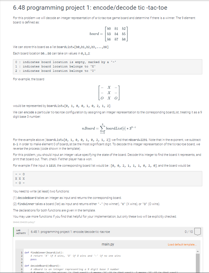 Solved 6.48 programming project 1: encode/decode tic-tac-toe | Chegg.com