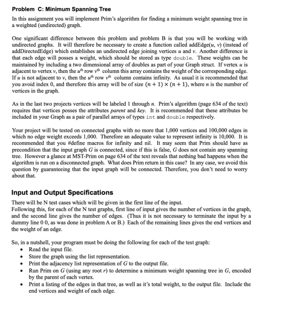 Solved Problem C: Minimum Spanning Tree In this assignment | Chegg.com
