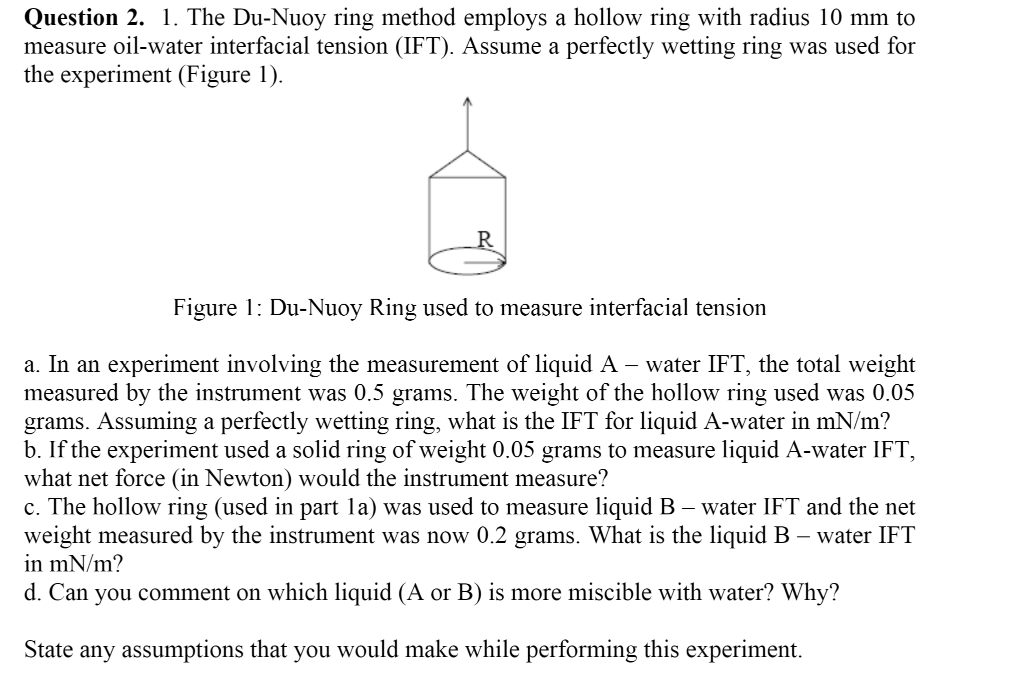 Solved Question 2. 1. The Du-Nuoy ring method employs a | Chegg.com