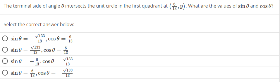 Solved The terminal side of angle θ intersects the unit | Chegg.com