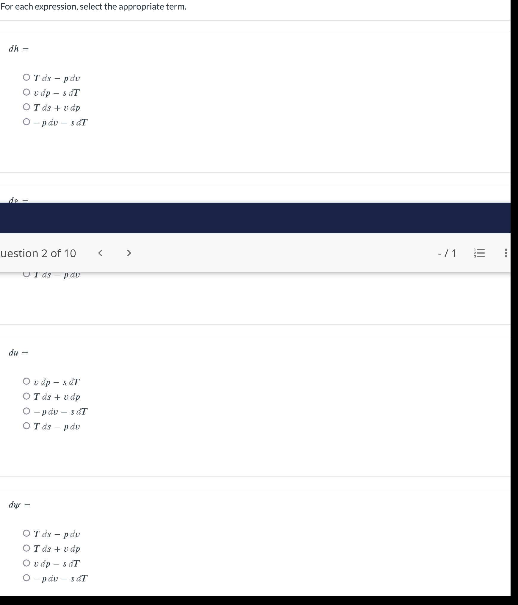 Solved For each expression, select the appropriate term. dh= | Chegg.com