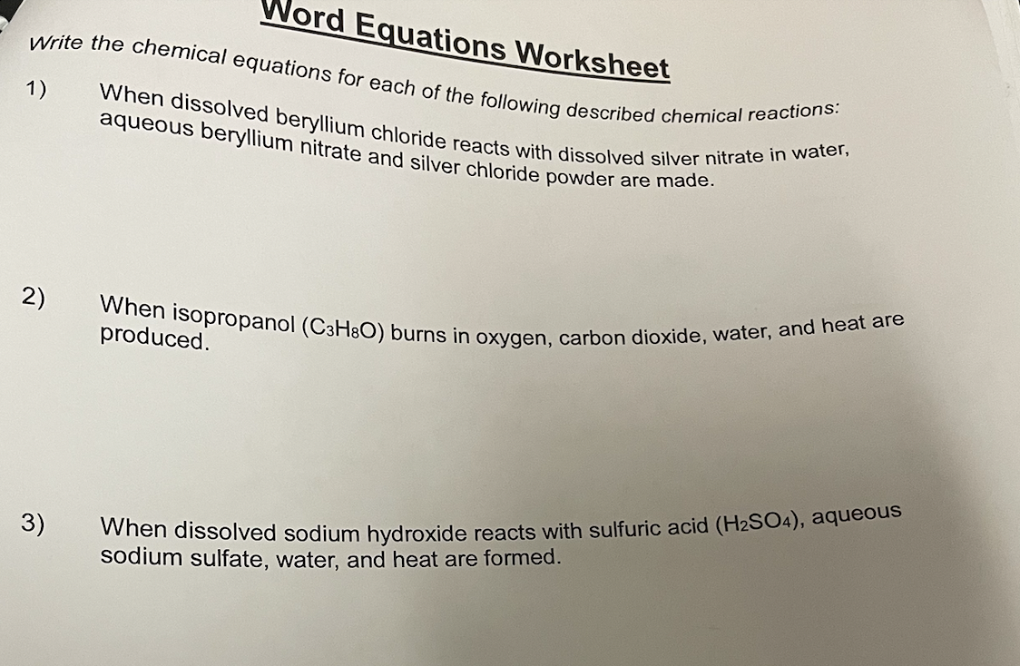 Solved Word Equations Worksheet Write the chemical equations | Chegg.com