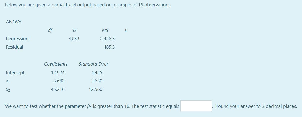 Solved Below you are given a partial Excel output based on a | Chegg.com