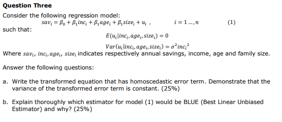 Solved Question Three Consider the following regression | Chegg.com