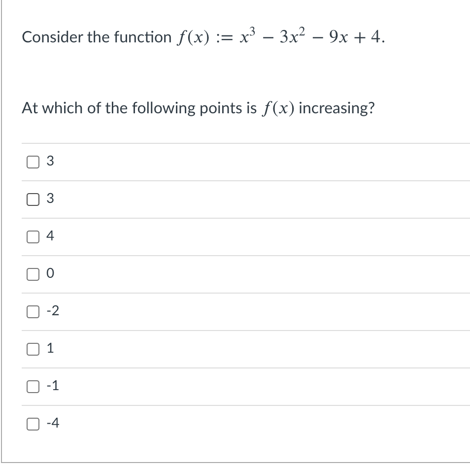 Solved Consider the function f(x) := x3 – 3x2 – 9x + 4. At | Chegg.com