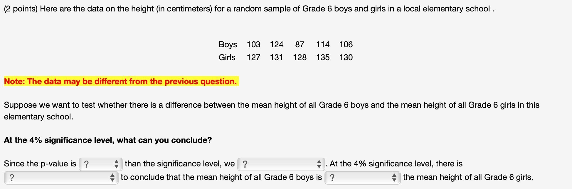 Solved (2 points) Here are the data on the height (in | Chegg.com