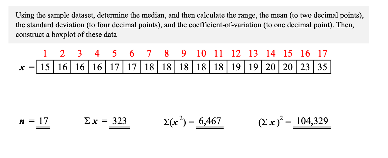 Solved Using the sample dataset, determine the median, and | Chegg.com