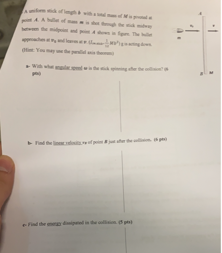 Solved A uniform stick of lenght b with a total mass of M is | Chegg.com