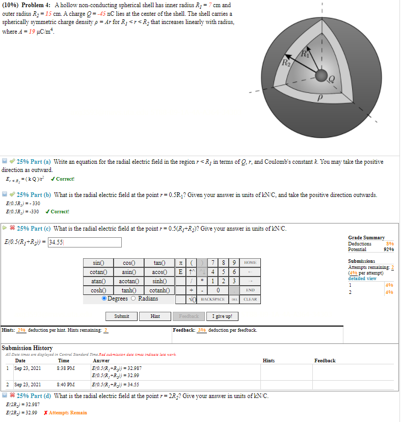 Solved (10%) Problem 4: A hollow non-conducting spherical | Chegg.com