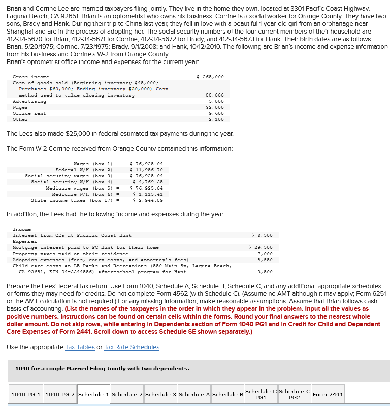 Solved Brian and Corrine Lee are married taxpayers filling | Chegg.com