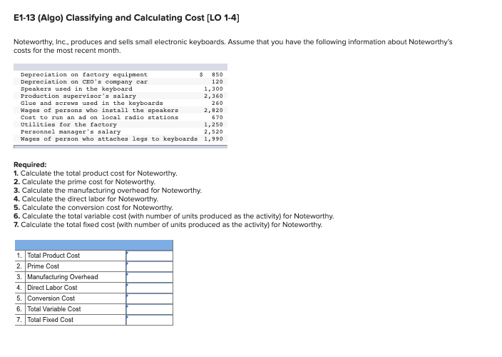 Solved E1-13 (Algo) Classifying and Calculating Cost [LO | Chegg.com
