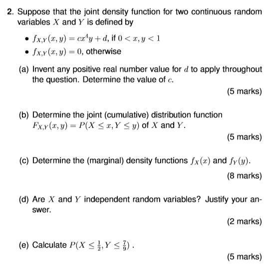 Solved 2. Suppose that the joint density function for two | Chegg.com