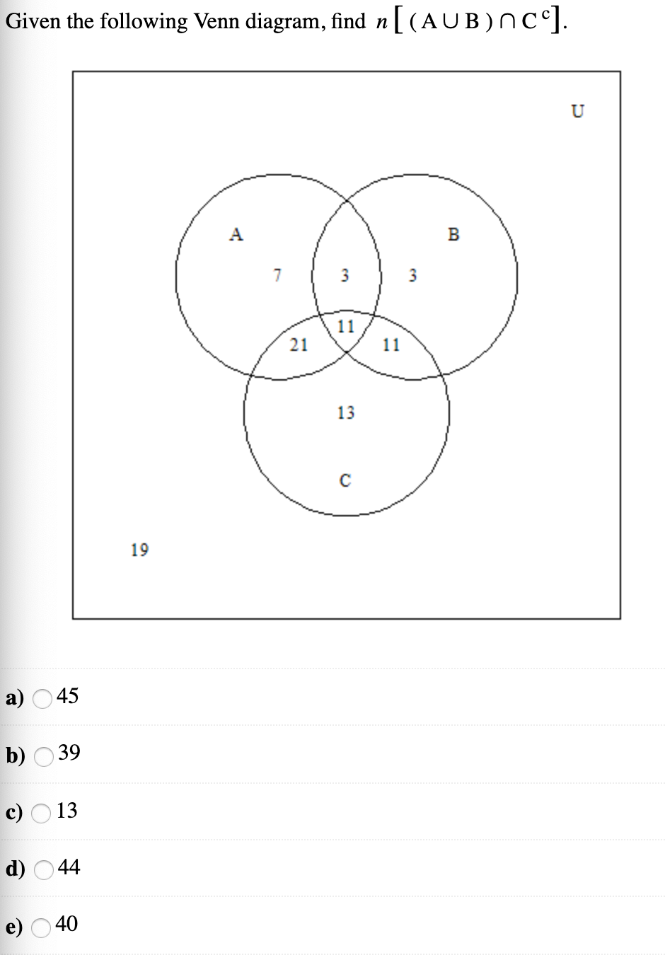 Solved Given the following Venn diagram, find n[(AUB) NCC]. | Chegg.com