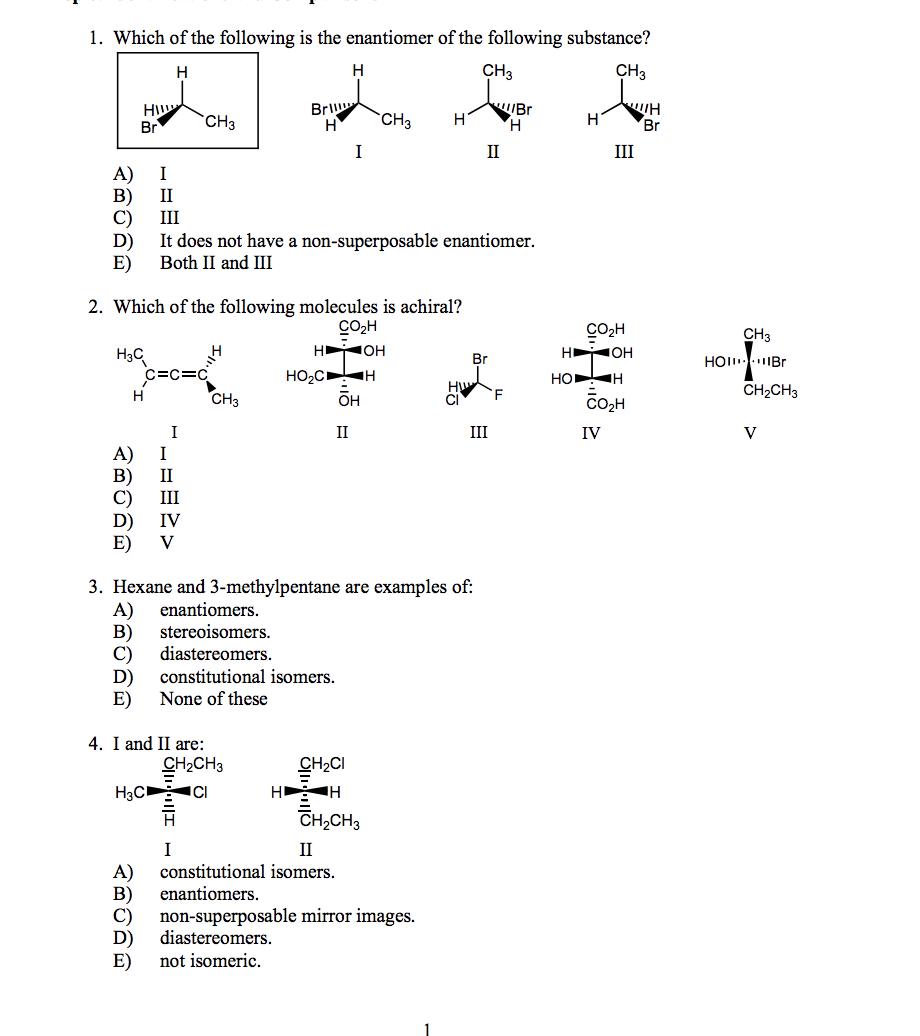 Solved 1. Which of the following is the enantiomer of the | Chegg.com