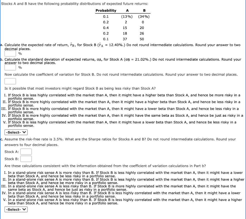 Solved Stocks A and B have the following probability | Chegg.com
