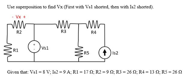 Solved Use superposition to find Vx 1) Vs1 Shorted 2) Is2 | Chegg.com