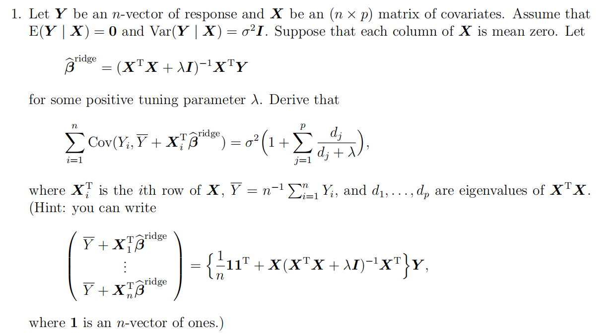1. Let Y be an n-vector of response and X be an (n×p) | Chegg.com