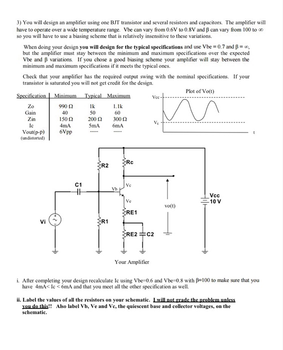 Solved You will design an amplifier using one BJT transistor | Chegg.com