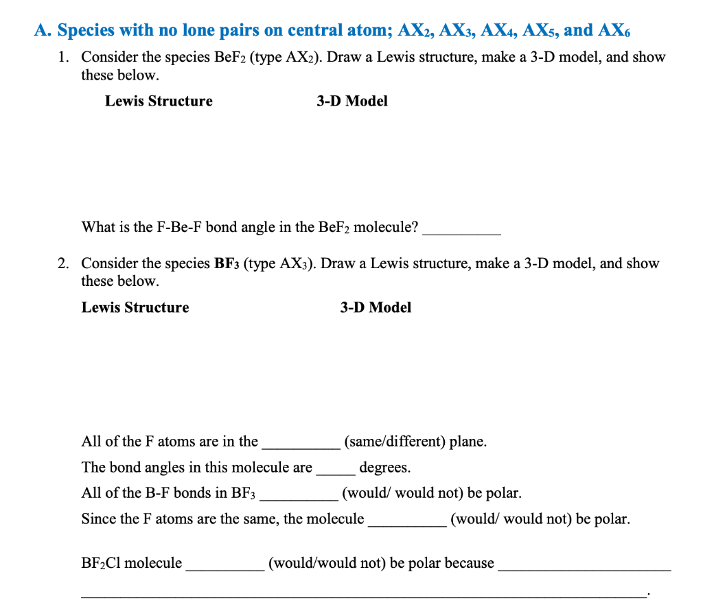 Solved A. Species with no lone pairs on central atom; AX2, | Chegg.com