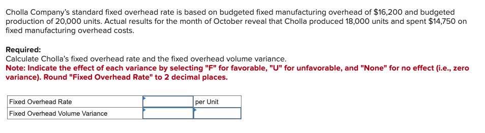 Solved Cholla Company's standard fixed overhead rate is | Chegg.com