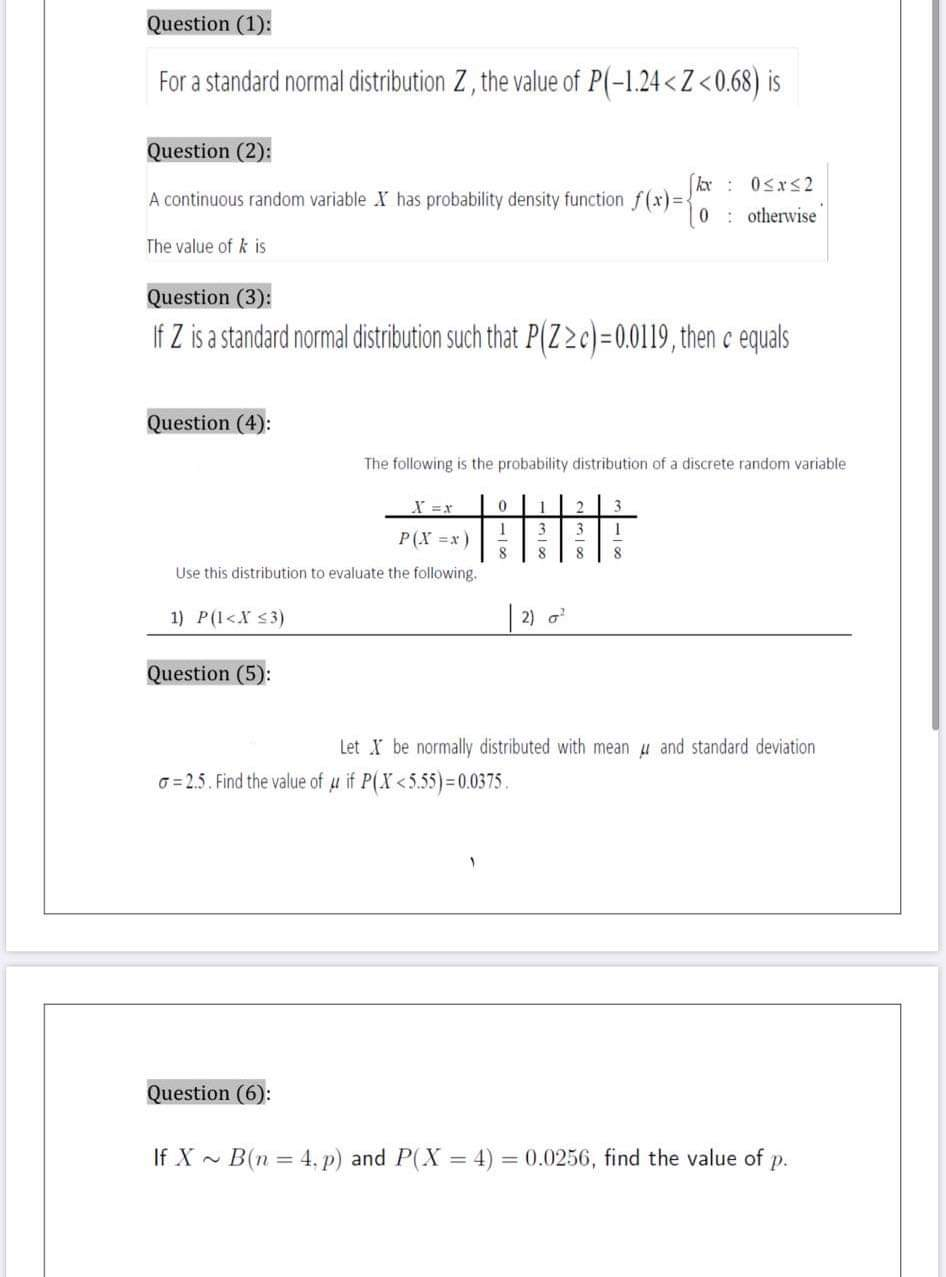 Solved Question (1): For a standard normal distribution Z, | Chegg.com