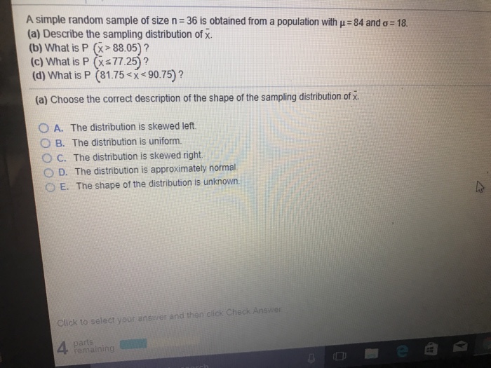 Solved A simple random sample of size n = 36 is obtained | Chegg.com
