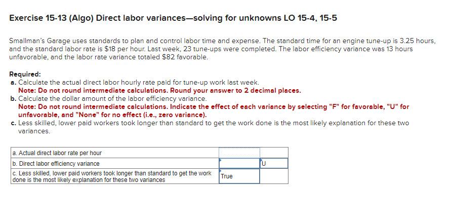 Solved Exercise 15-13 (Algo) Direct labor variances-solving | Chegg.com