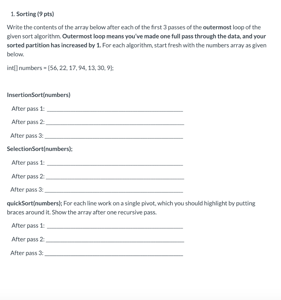 Solved 1. Sorting (9 pts) Write the contents of the array | Chegg.com