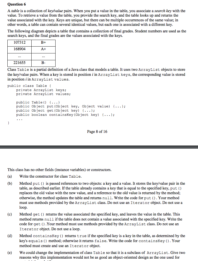 Question 6 A table is a collection of key/value | Chegg.com