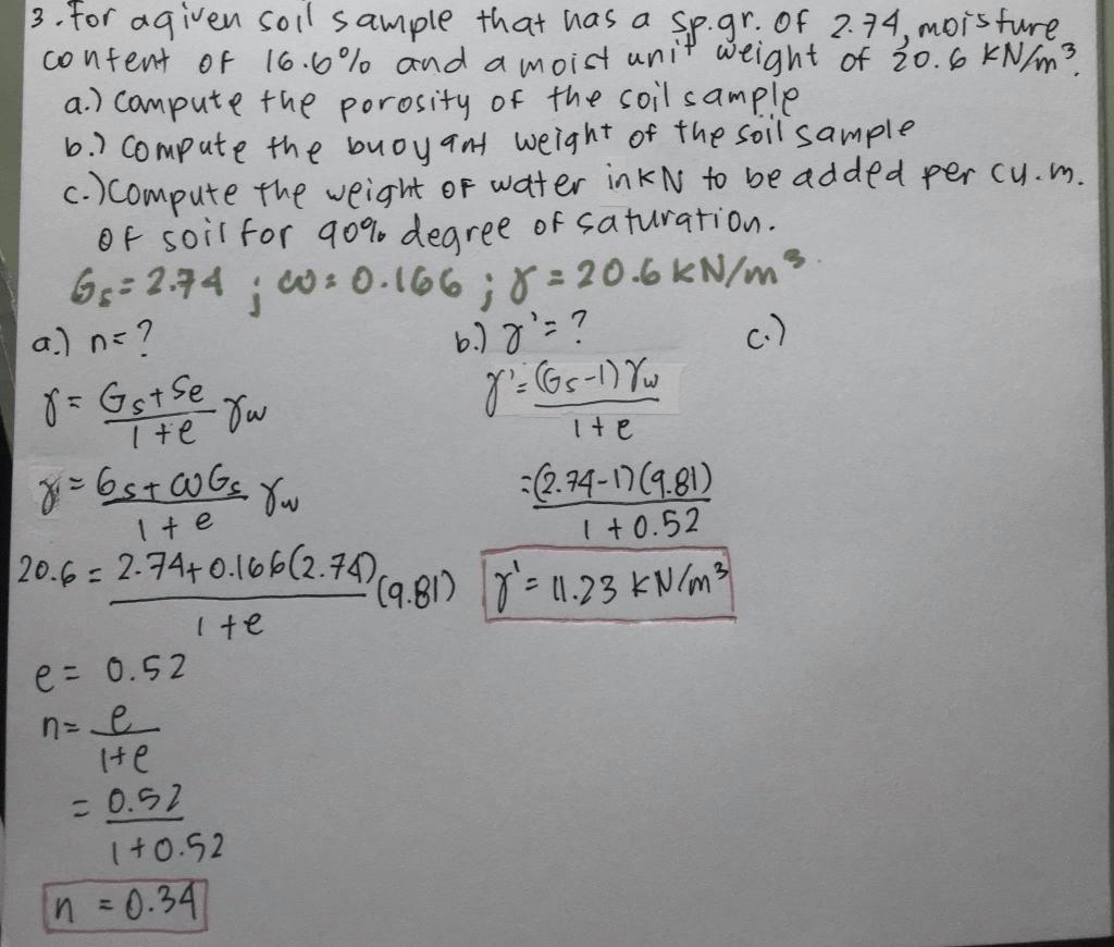 Solved For a given soil sample it has a sp.gr. of 2.74, | Chegg.com