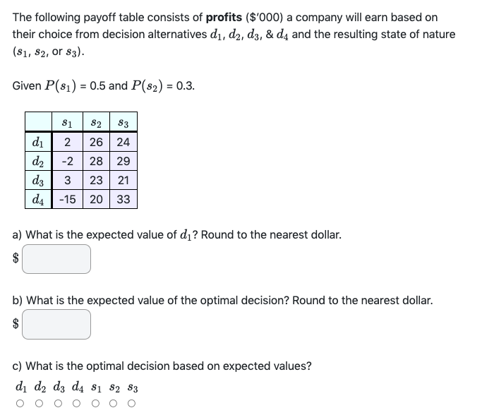 Solved The following payoff table consists of profits | Chegg.com