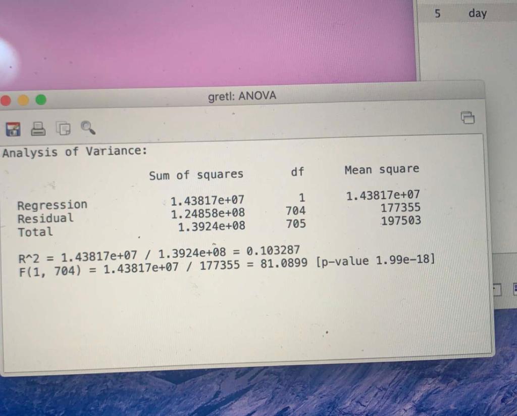 Solved Use GRETL to generate the ANOVA table for the | Chegg.com