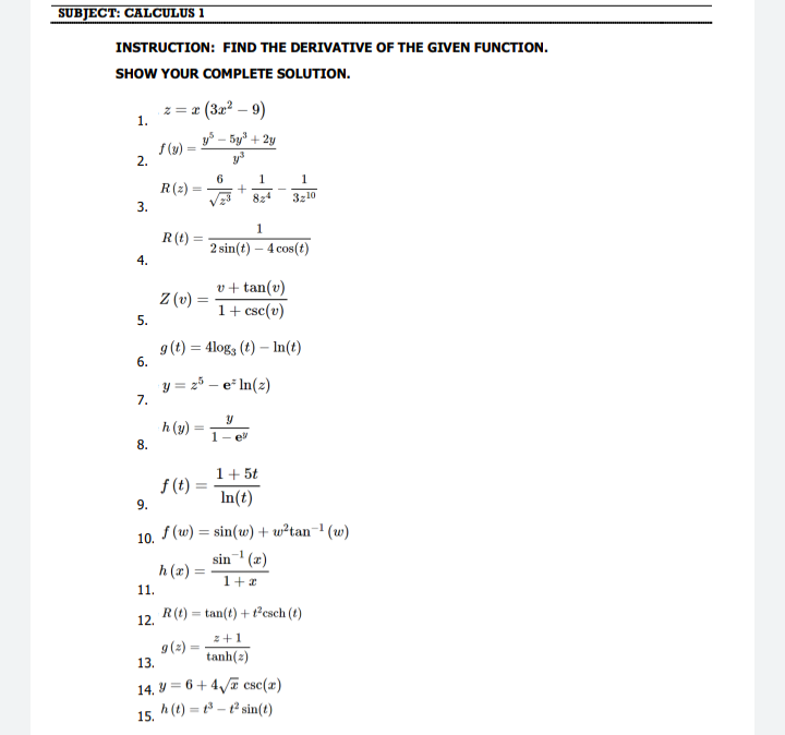 Solved CT: CALCULUS 1 INSTRUCTION: FIND THE DERIVATIVE OF | Chegg.com