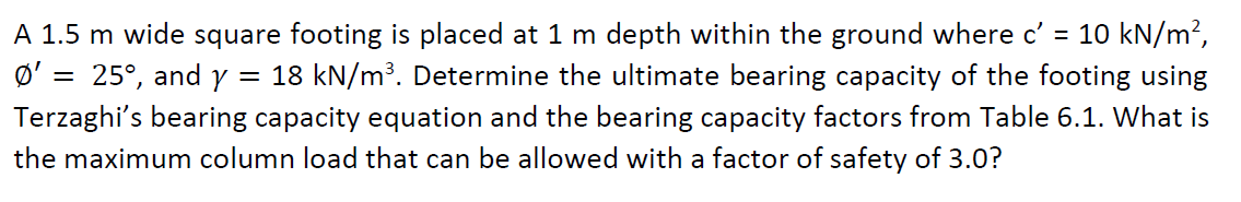 Solved A 1.5 m wide square footing is placed at 1 m depth | Chegg.com